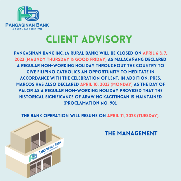 CLIENT ADVISORY (April 4, 2023) | PANGASINAN BANK (A RURAL BANK), INC.