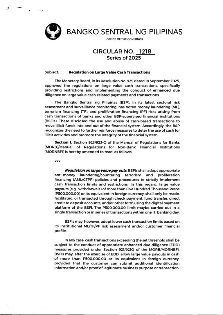 BSP Circular No. 1218 Regulation on Large Value Cash Transaction ...